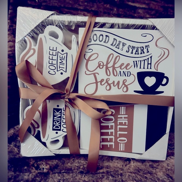 Accents | 4pc Coffee Decor Set Coffee Wjesus Coffee Time Hello Coffee ...